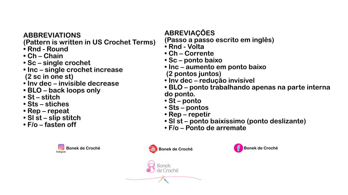 Tabela com tradução pontos básicos em inglês – Bonek de Crochê